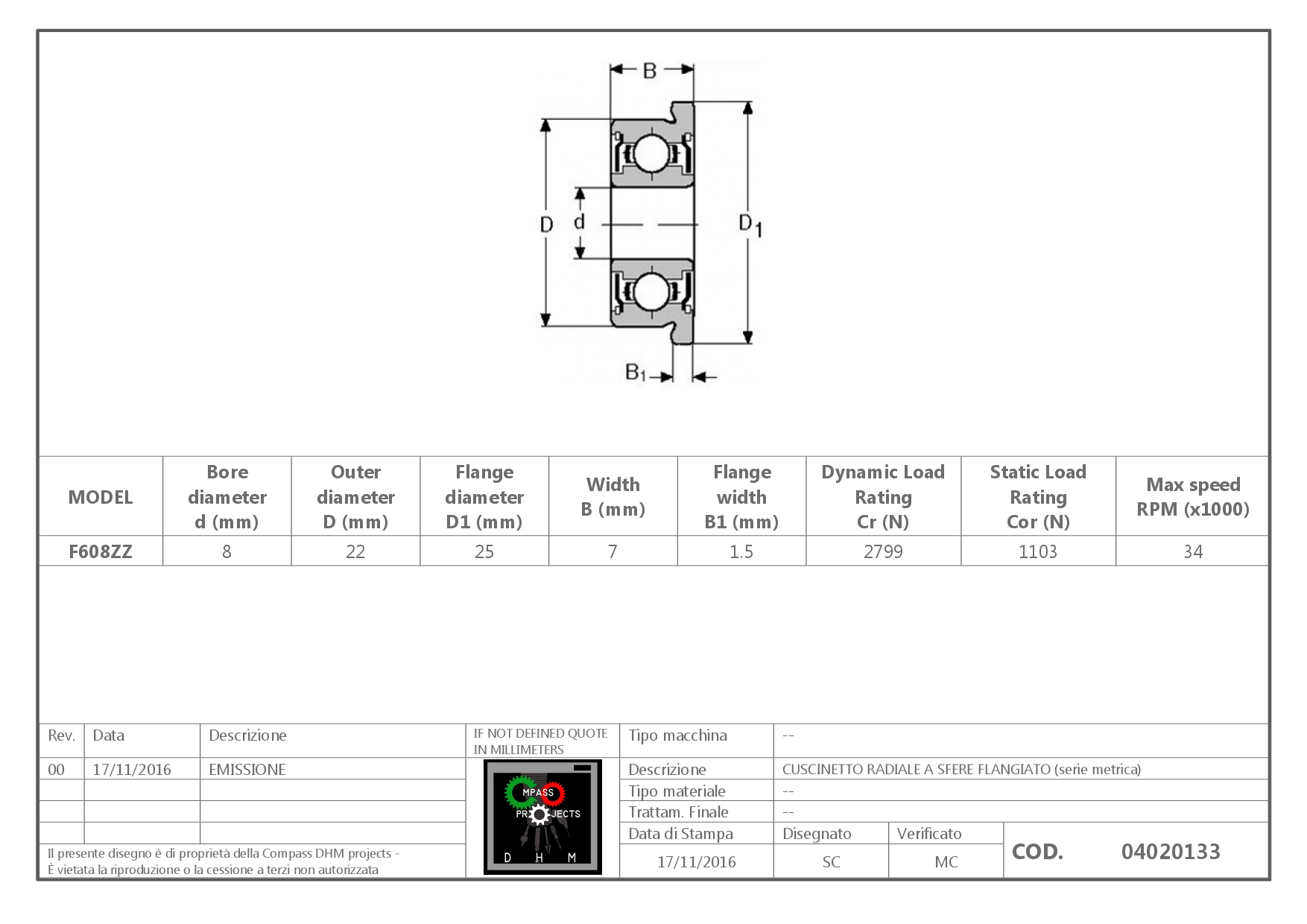 Flanged ball bearing F608ZZ