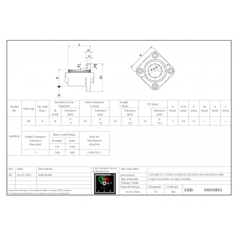 Linear bearing SQUARE flange LMK8UU