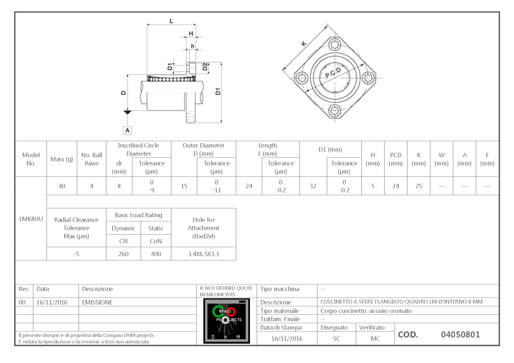 Linear bearing SQUARE flange LMK8UU
