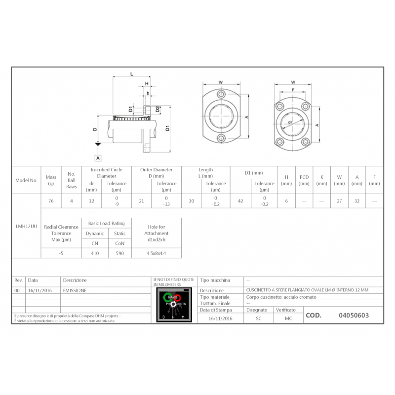 Oval flange linear bearing LMH12UU