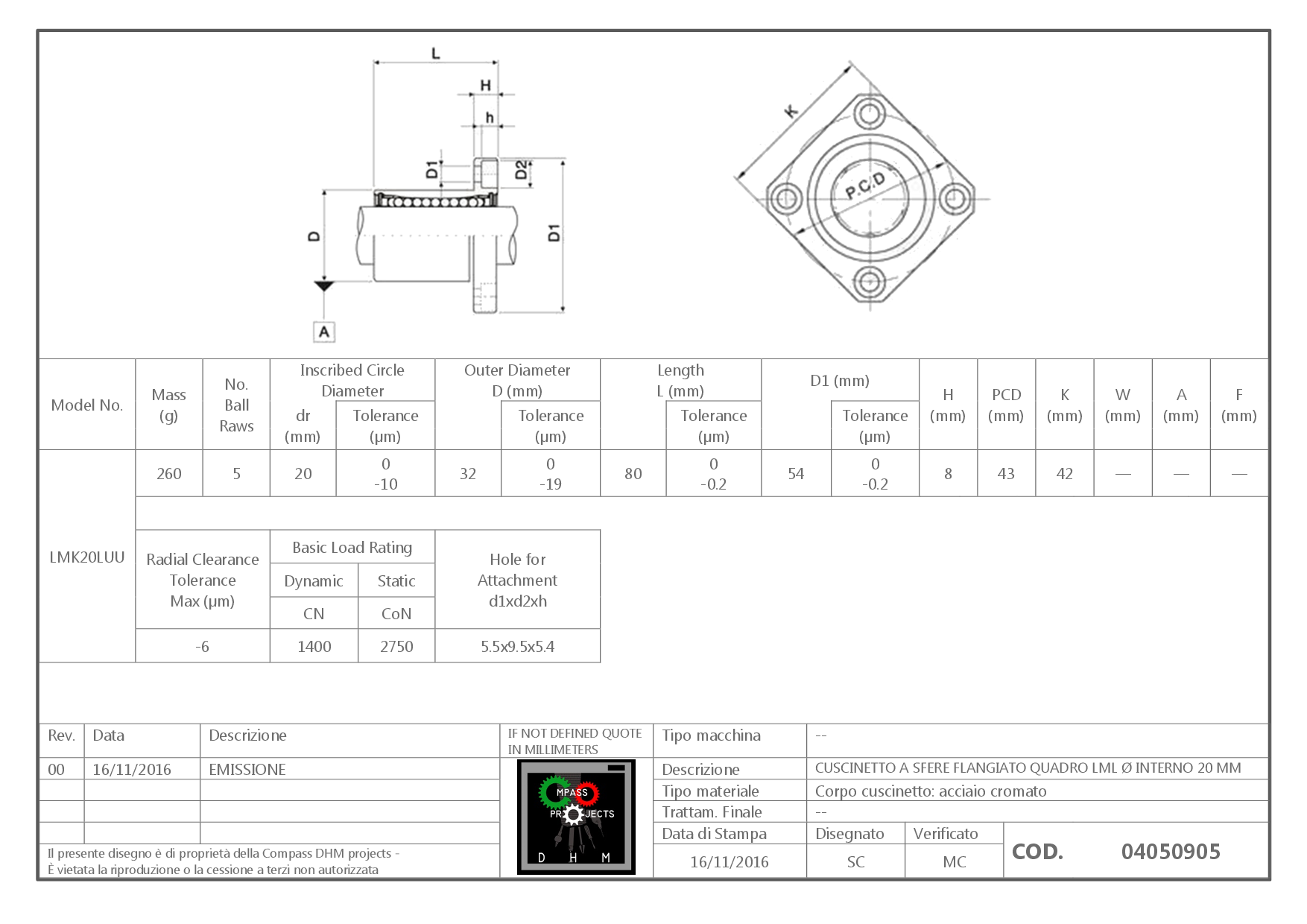 Linear bearing SQUARE flange LONG LMK20LUU