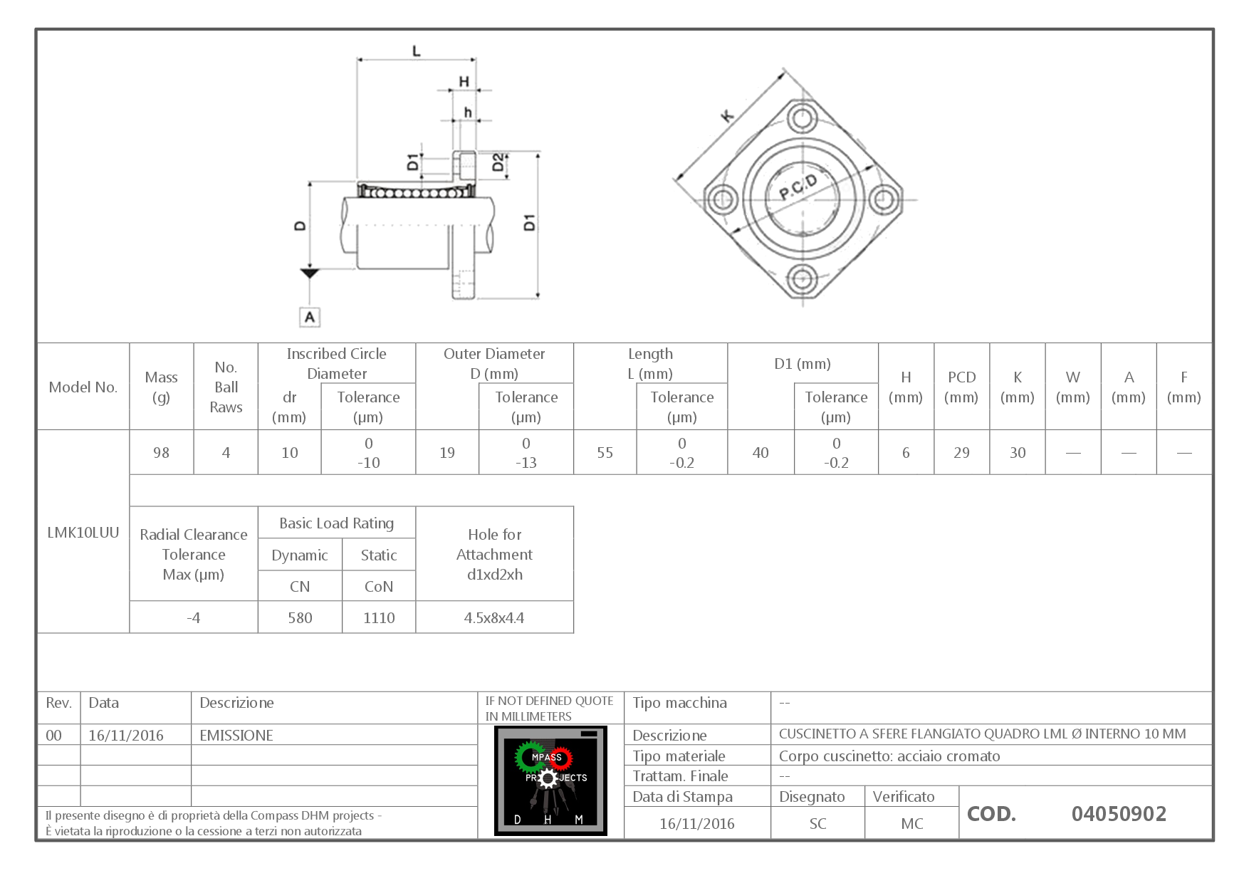 Linear bearing SQUARE flange LONG LMK10LUU