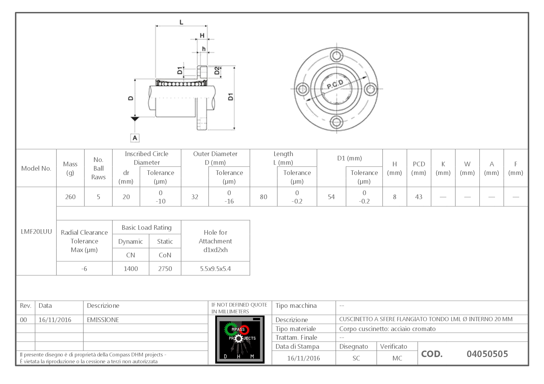 Round flange linear bearing long LMF20LUU