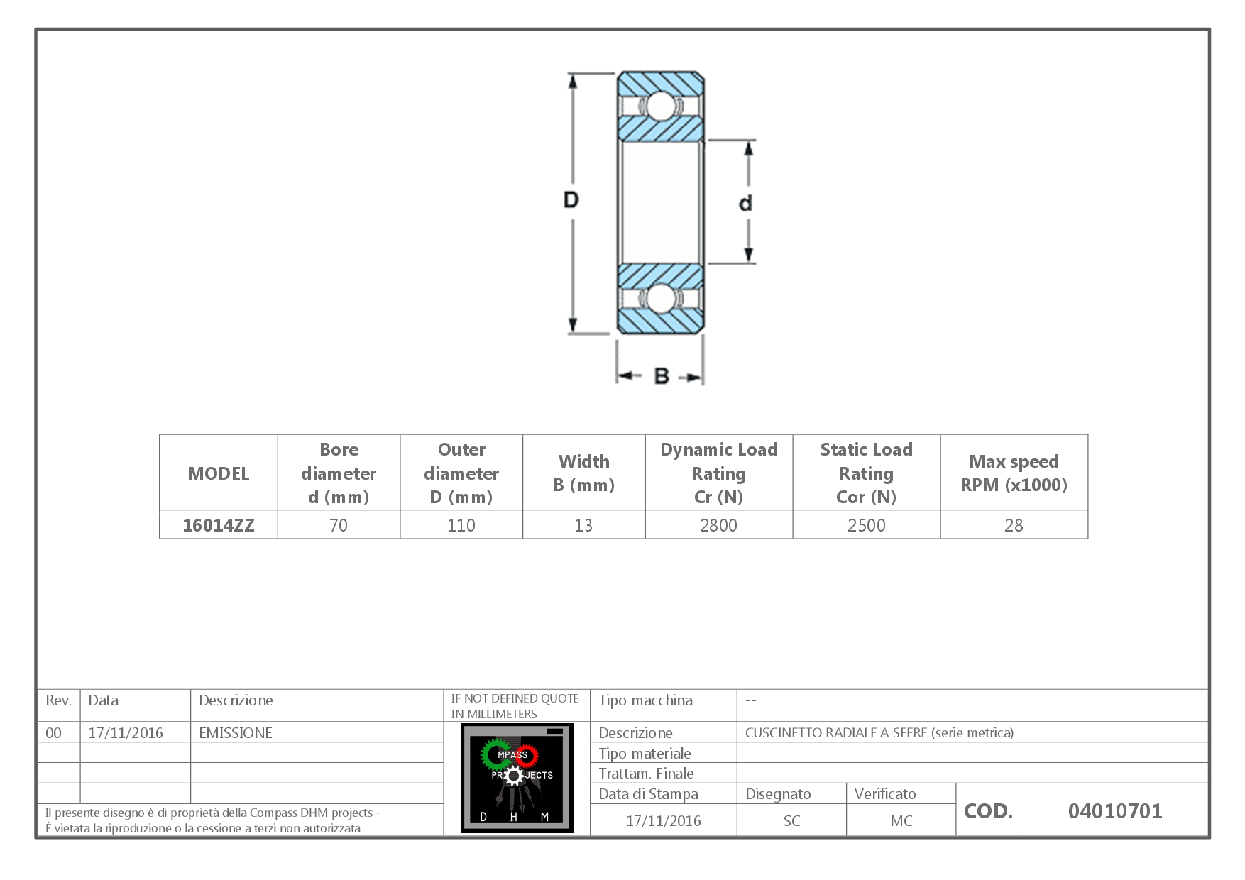 Deep groove ball bearing 16014ZZ