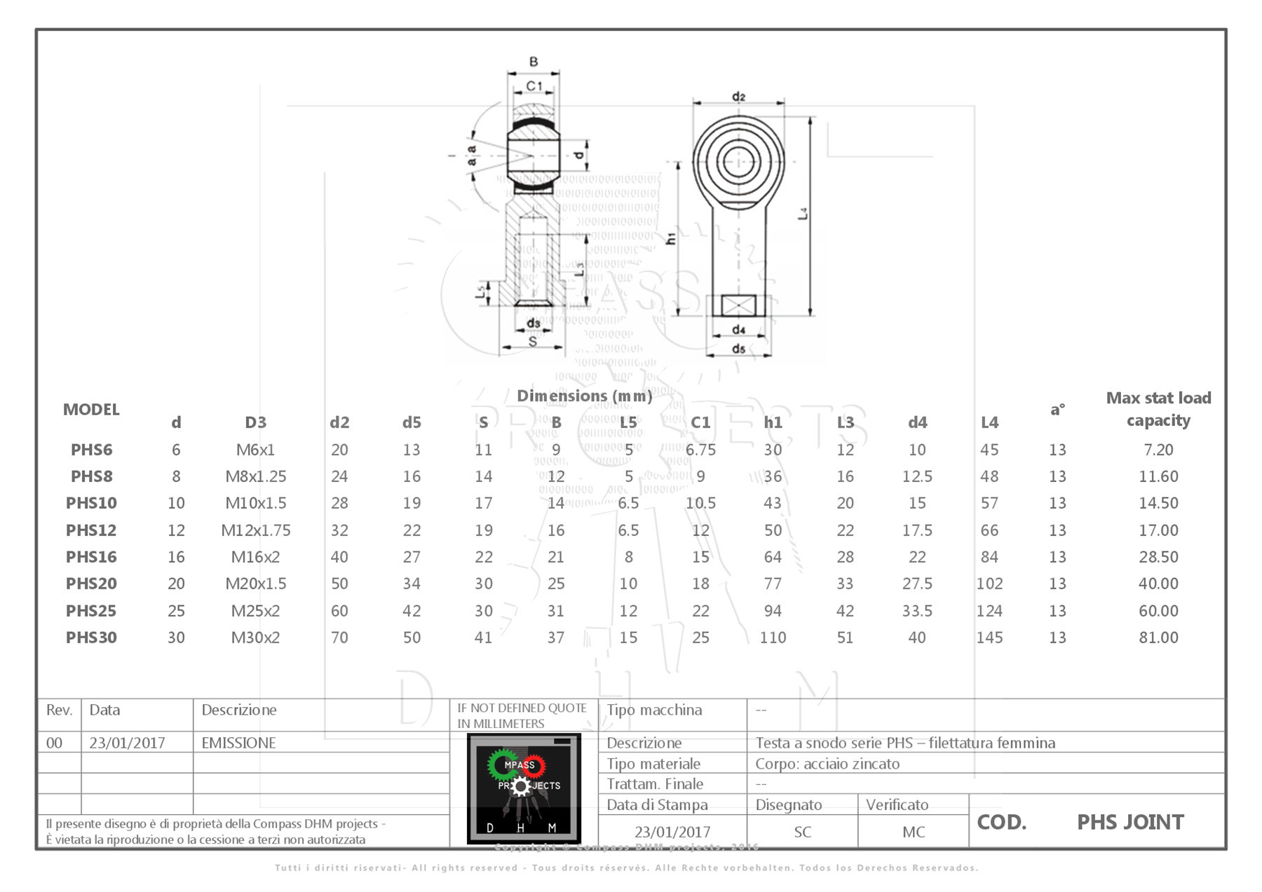 Female U-head joint - PHS Series - PHS16 F - M16x2 - right-hand thread