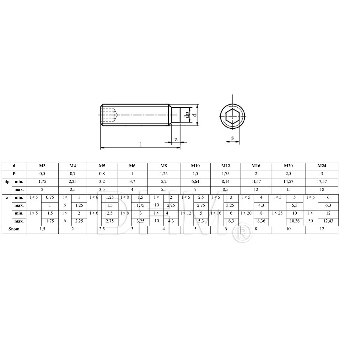 Grain with hexagon socket M10x20 cylindrical tip - steel headless s...