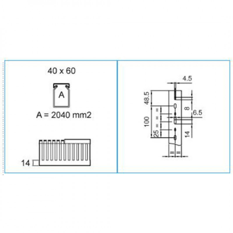 Canal para cables 40x60 mm - ranura 4 mm - gris - por metro + Tapa